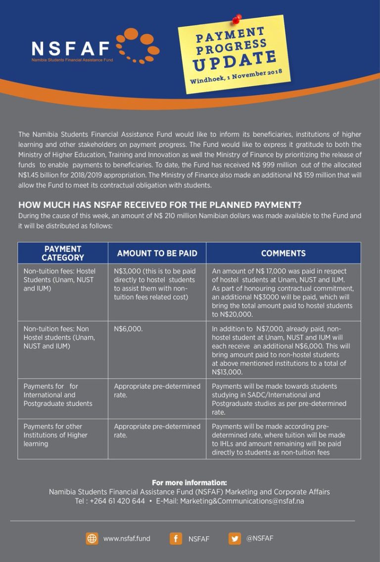 Update on student payment – 1 November 2018 – Namibia Students ...