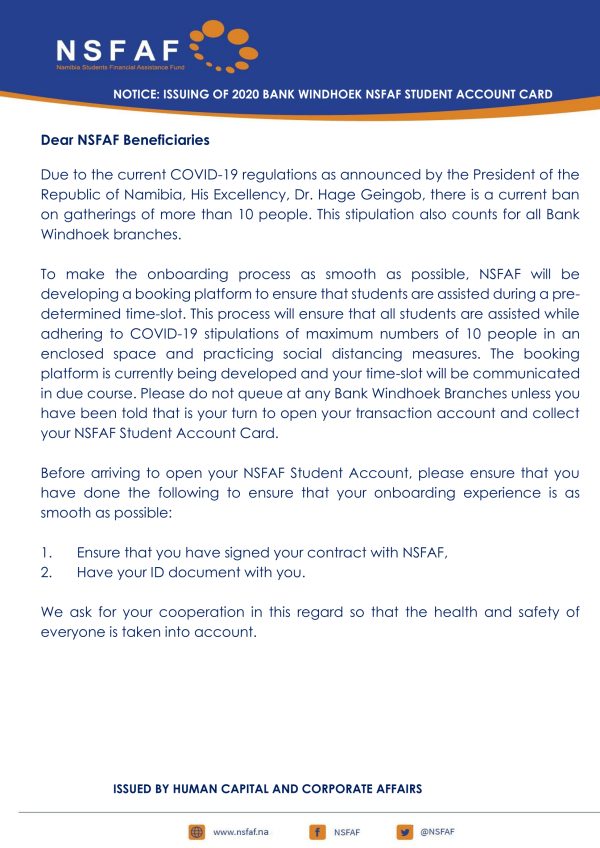 Notice: Issuing if 2020 Bank WIndhoek NSFAF Student Account Card ...