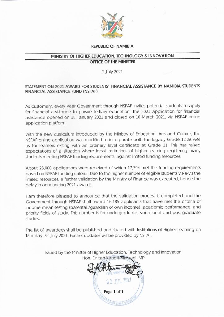 STATEMENT ON 2021 AWARD FOR STUDENTS’ FINANCIAL ASSISTANCE BY NSFAF ...
